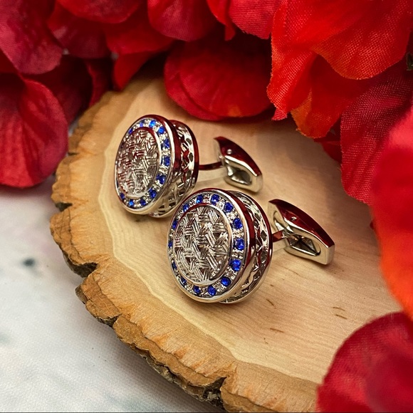 Accessories | Elegant Blue Crystal Round Silver Cufflinks | Poshmark